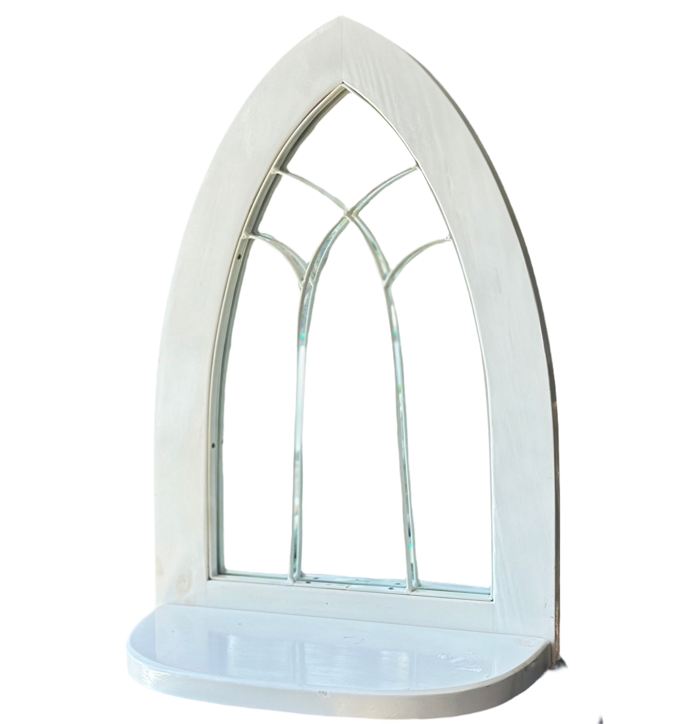 Arched European Cathedral Window Mirror with Shelf in White – Gold Vintage